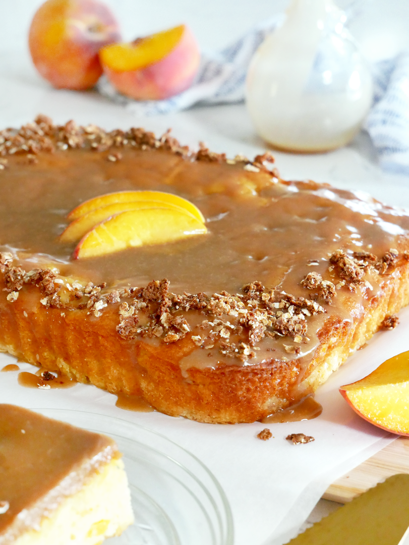 Easiest Peach Sheet Cake with Brown Sugar Cinnamon Glaze